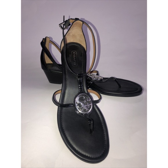Coach | Shoes | Coach Vipor Black Patent Leather Wedge Thong Sandal ...